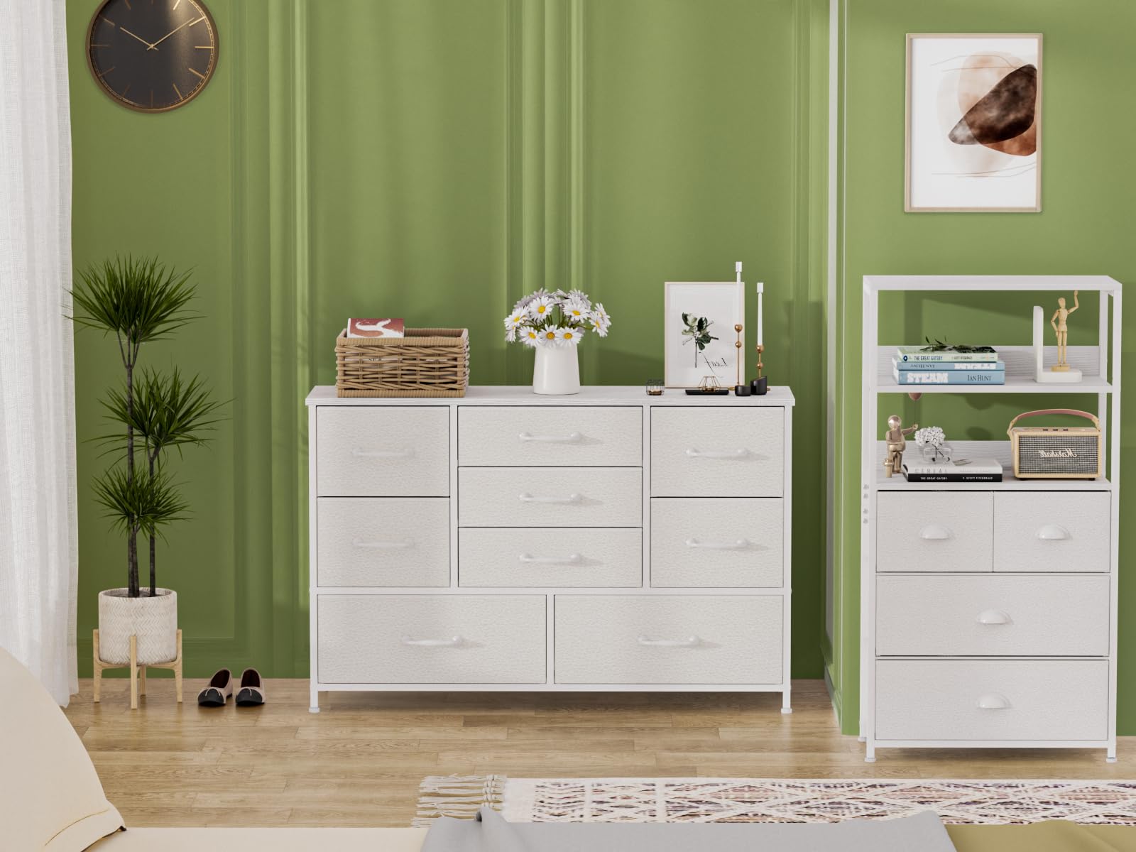 Furnulem White Dresser with 4 Fabric Bins, Tall Storage Tower with 3-Tier Shelf Vertical Standing Chest Organizer for Closet,Laundry,Bedroom,Living Room,Entryway (White)