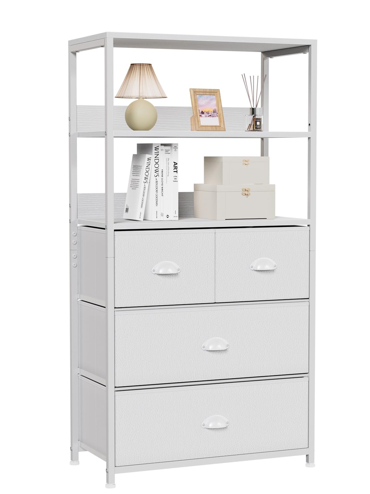 Furnulem White Dresser with 4 Fabric Bins, Tall Storage Tower with 3-Tier Shelf Vertical Standing Chest Organizer for Closet,Laundry,Bedroom,Living Room,Entryway (White)