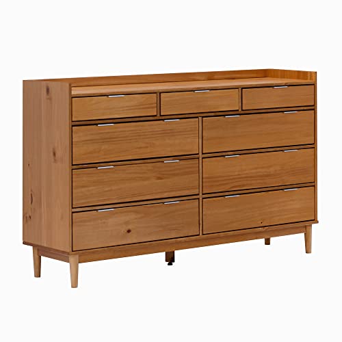 Walker Edison Blythe Mid-Century Modern Tray-Top Solid Wood 9-Drawer Dresser, 60 Inch, Caramel