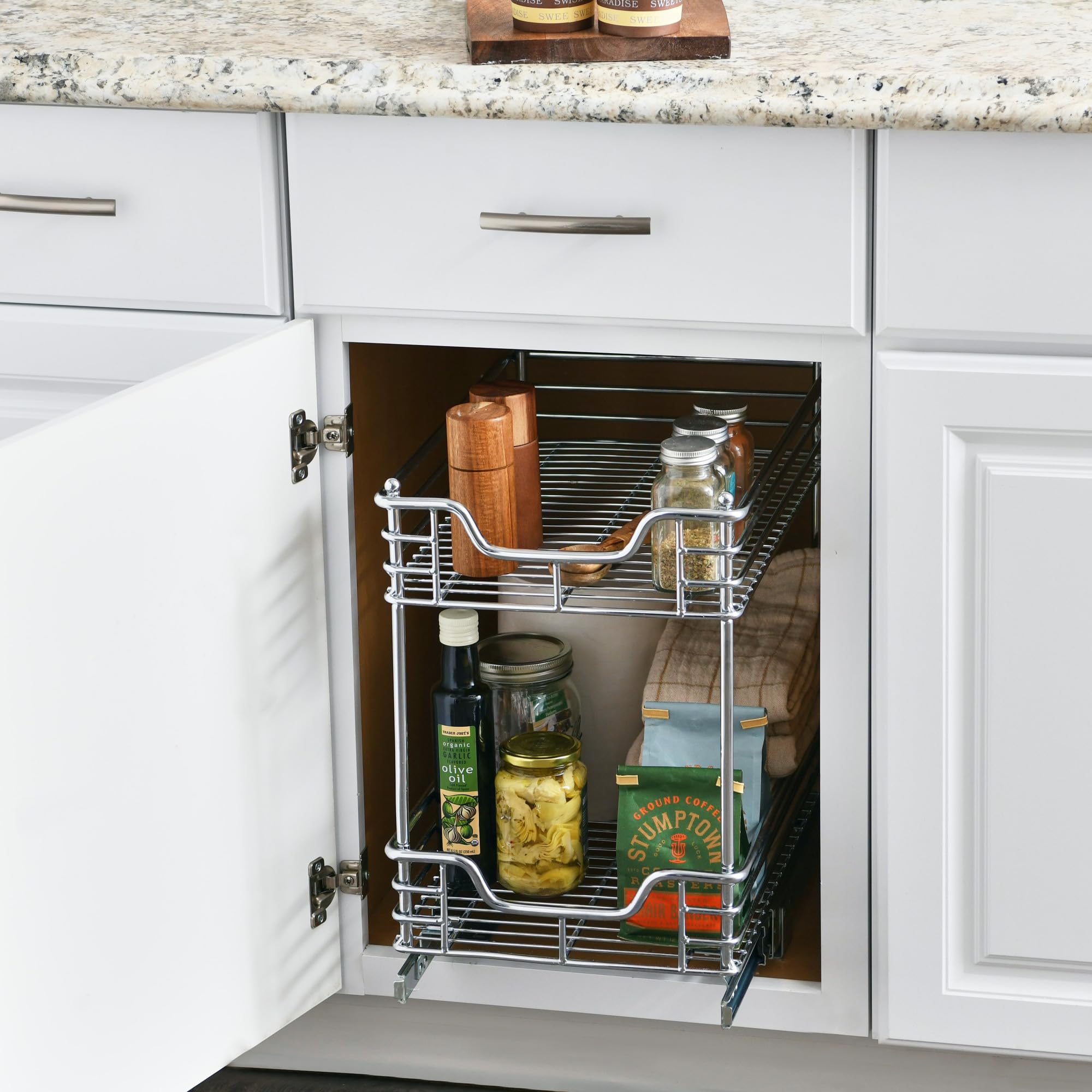 Household Essentials Glidez Slide Out Cabinet Organizer, 11.5β Wide, Durable Chrome-Plated Steel Frame, Dual Baskets and Smooth Glides, Heavy-Duty and Space-Optimizing, Simple Assembly and Installation, Chrome