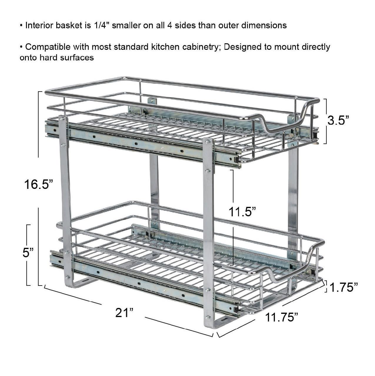 Household Essentials Glidez Slide Out Cabinet Organizer, 11.5β Wide, Durable Chrome-Plated Steel Frame, Dual Baskets and Smooth Glides, Heavy-Duty and Space-Optimizing, Simple Assembly and Installation, Chrome