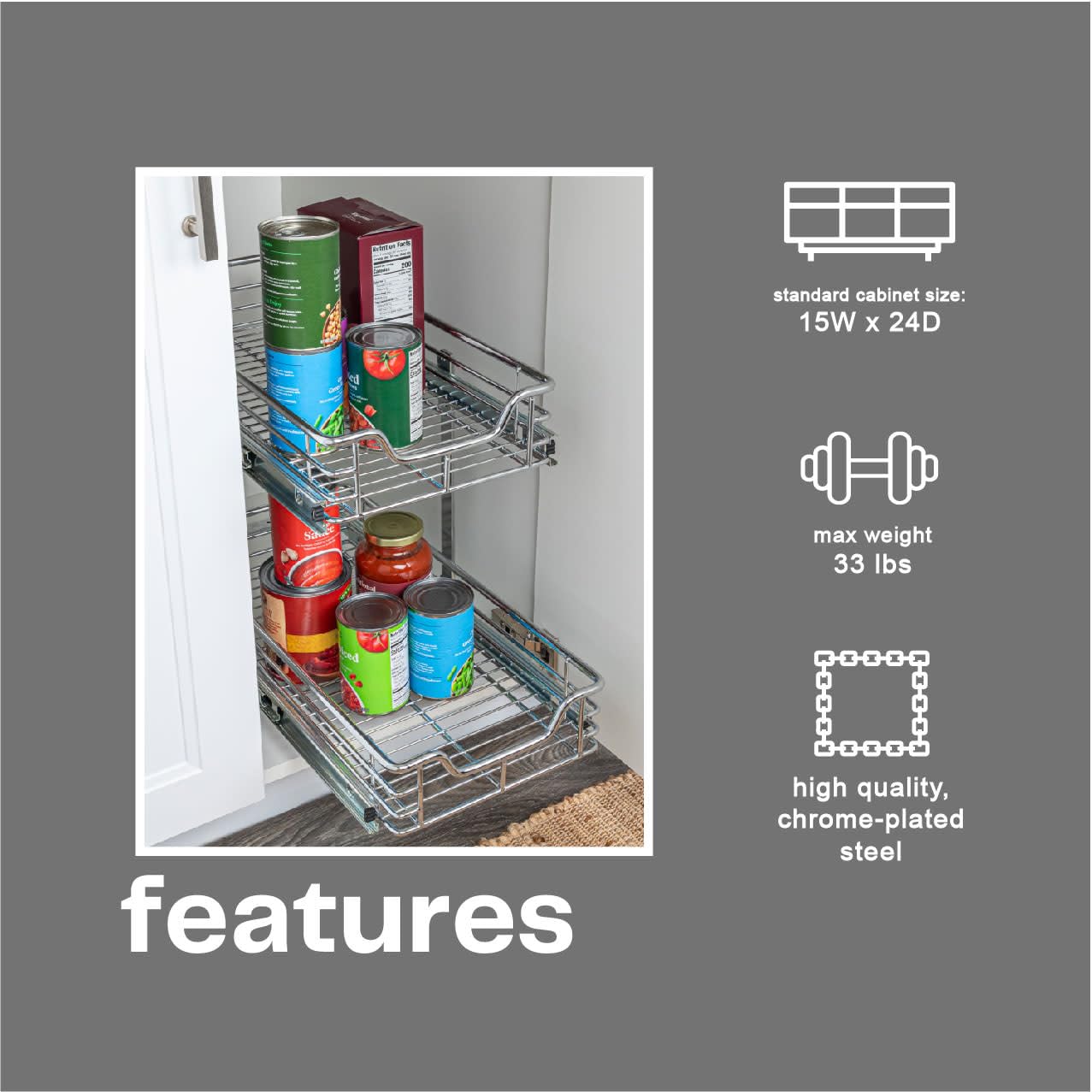 Household Essentials Glidez Slide Out Cabinet Organizer, 11.5β Wide, Durable Chrome-Plated Steel Frame, Dual Baskets and Smooth Glides, Heavy-Duty and Space-Optimizing, Simple Assembly and Installation, Chrome