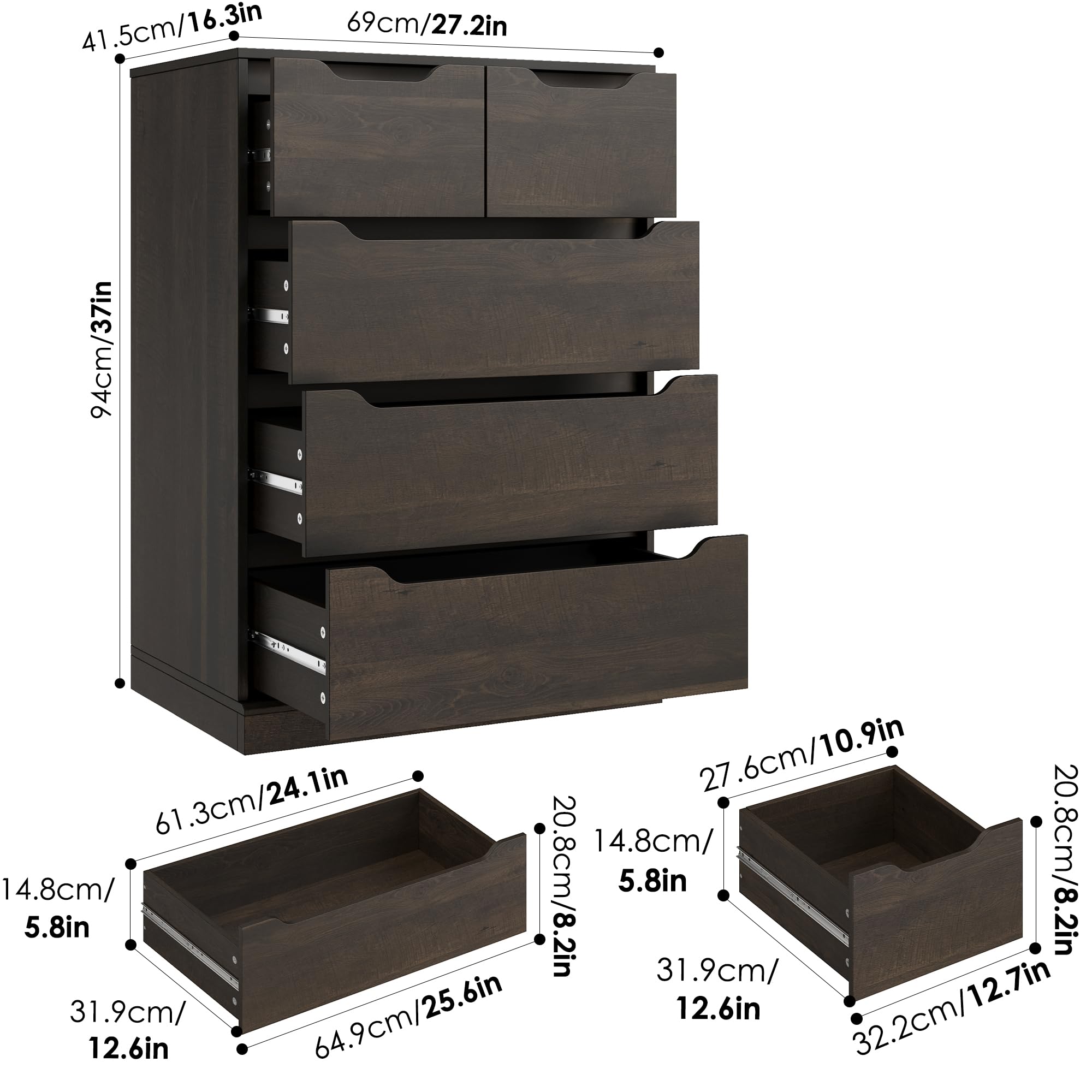 HOSTACK Modern 5 Drawer Dresser for Bedroom, Chest of Drawers with Storage, Wood Storage Chest Organizers with Cut-Out Handles, Accent Storage Cabinet for Living Room, Entryway, Hallway, Dark Brown