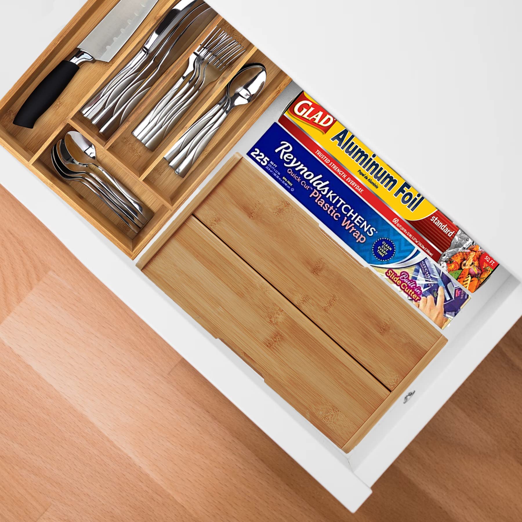 Calsign Plastic Wrap Dispenser with Cutter Bamboo 2 in 1 Aluminum Foil Organizer and Wax Paper Holder for Kitchen Drawer Compatible with 12" Roll Parchment Paper Cling Wrap Reusable Dual Organization