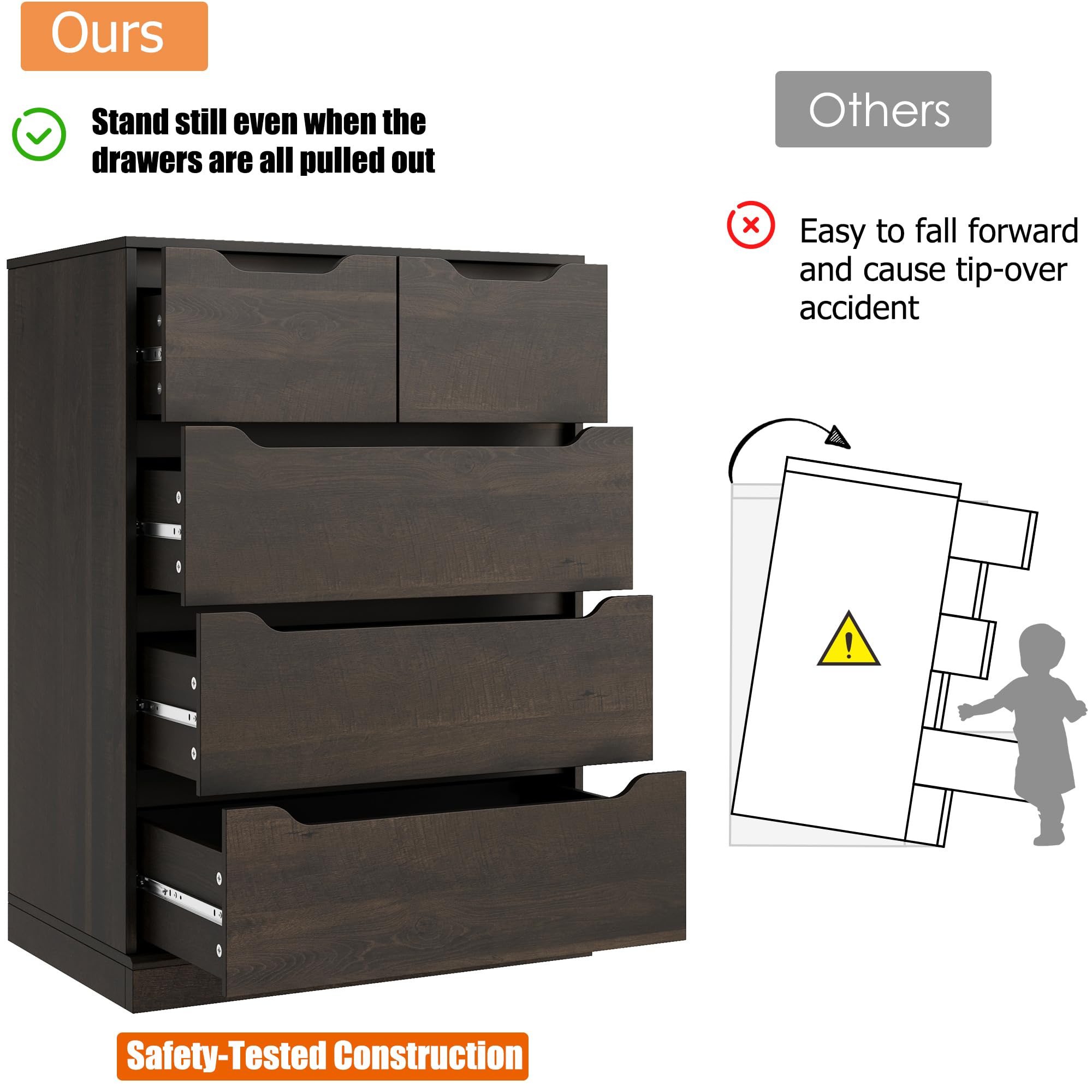 HOSTACK Modern 5 Drawer Dresser for Bedroom, Chest of Drawers with Storage, Wood Storage Chest Organizers with Cut-Out Handles, Accent Storage Cabinet for Living Room, Entryway, Hallway, Dark Brown