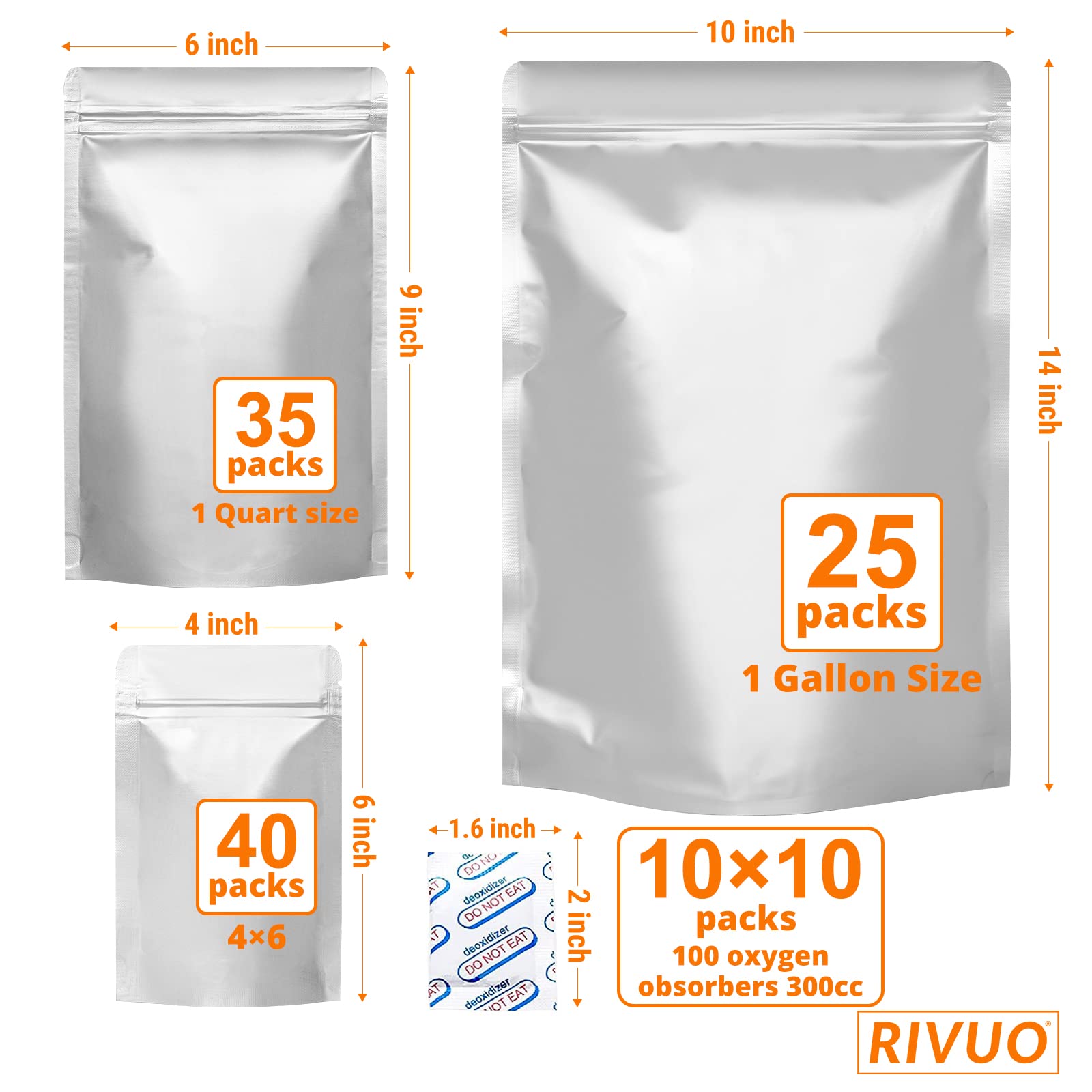 RIVUO 100 Mylar Bags For Food Storage With Oxygen Absorbers 300cc and Labels - 10.2 Mil Total/5.1 Mil Single Side Thickness - 10"x14", 6"x9", 4"x6"- 100 Oxygen Absorbers 300cc (10 Packs of 10)