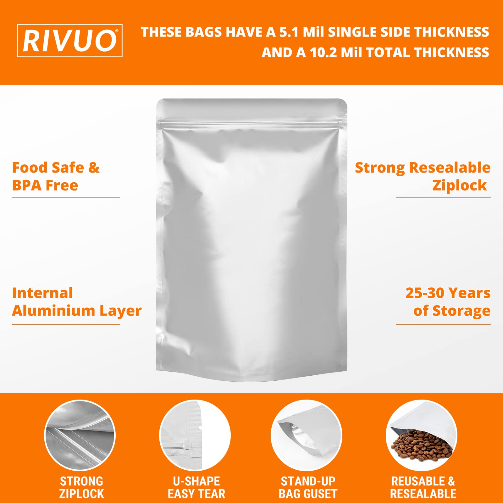 RIVUO 100 Mylar Bags For Food Storage With Oxygen Absorbers 300cc and Labels - 10.2 Mil Total/5.1 Mil Single Side Thickness - 10"x14", 6"x9", 4"x6"- 100 Oxygen Absorbers 300cc (10 Packs of 10)