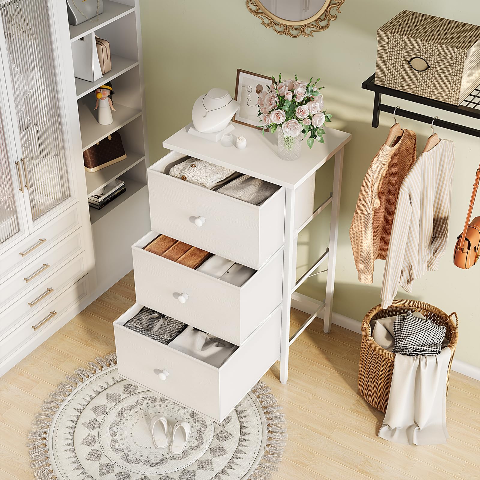 BOLUO White Night Stand with Drawers 3 Drawer Dresser for Bedroom, Tall Nightstand for Closet Dorm Modern Bedside Table