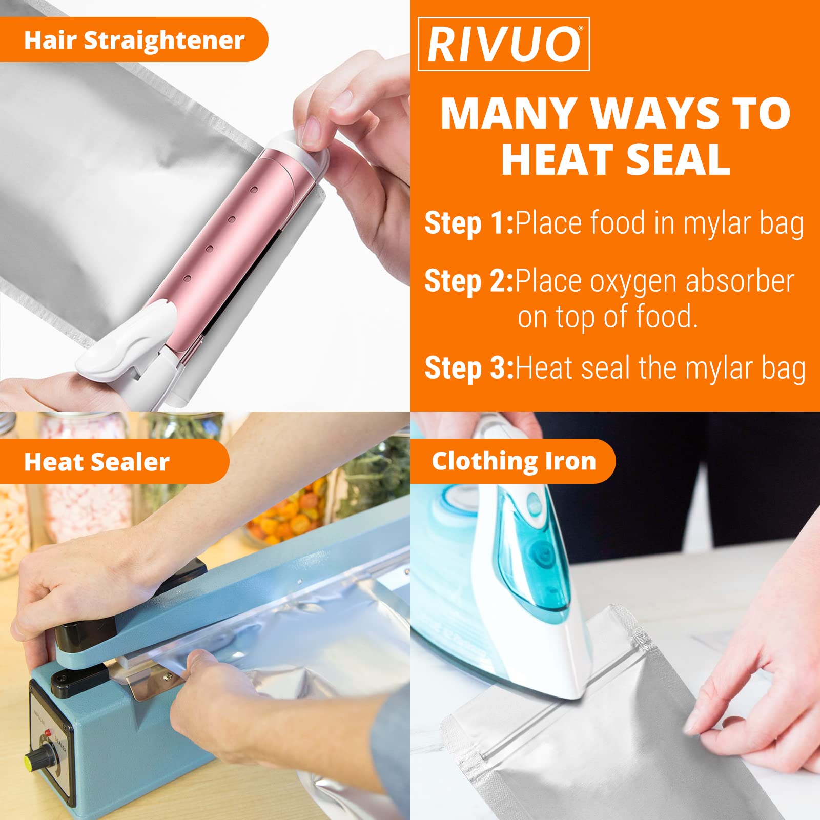 RIVUO 100 Mylar Bags For Food Storage With Oxygen Absorbers 300cc and Labels - 10.2 Mil Total/5.1 Mil Single Side Thickness - 10"x14", 6"x9", 4"x6"- 100 Oxygen Absorbers 300cc (10 Packs of 10)