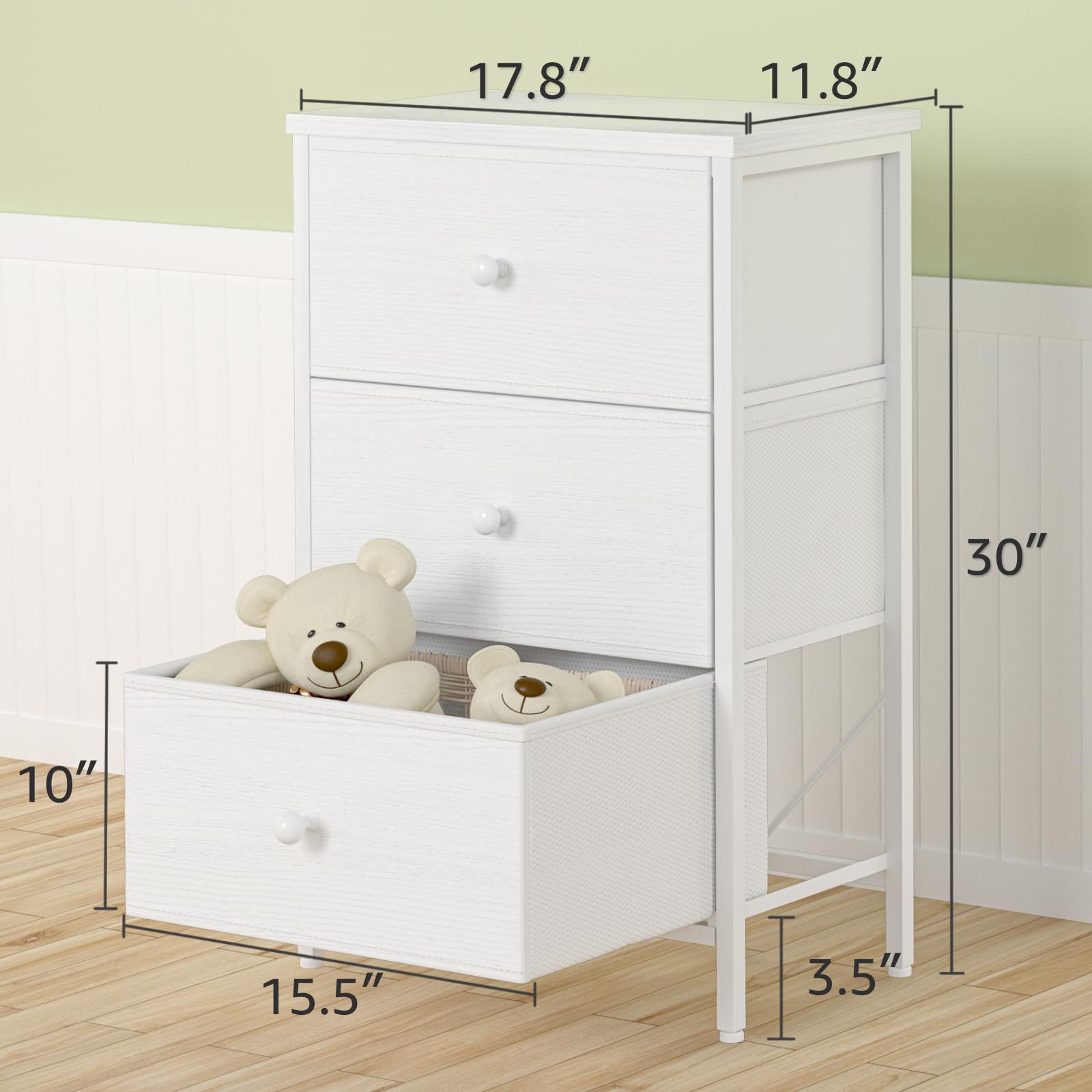BOLUO White Night Stand with Drawers 3 Drawer Dresser for Bedroom, Tall Nightstand for Closet Dorm Modern Bedside Table