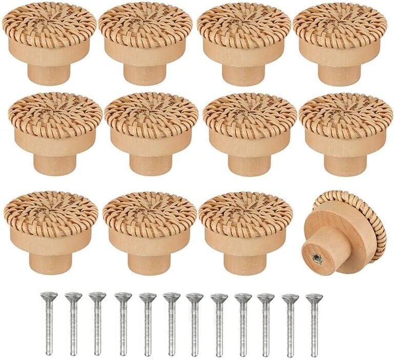 Howepet Boho Dresser Knobs - 12 Pack Boho Rattan Dresser Knobs Round, Handmade Wicker Woven with Screws for Furniture Cabinet Dresser Drawers, 12 Wooden Knobs + 1 Spare Wooden Knob