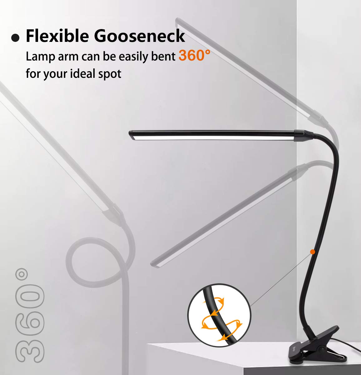 CeSunlight Clamp on Lamp, Clip Light, Desk Lamps 3 Color Temperature Setting, 10 Brightness Levels, 2m USB Cord Power Supply and AC Adapter Included, Pack of 2 (Black)