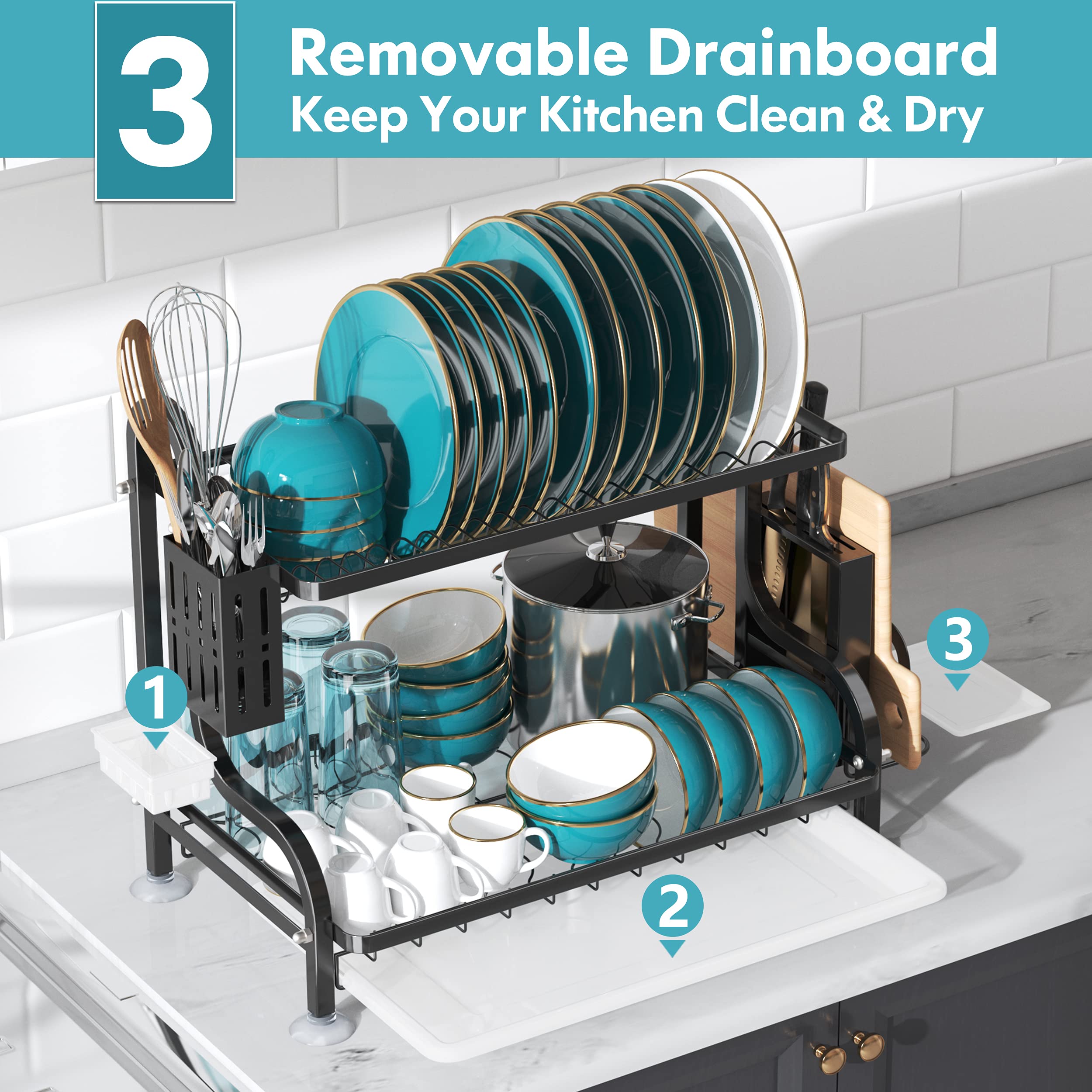 MAJALiS Dish Drying Rack for Kitchen Counter, 2 Tier Large Dish Drainers with Drainboard Set and Utensil Holder, Dish Dryer Strainer (Black, Stainless Steel)