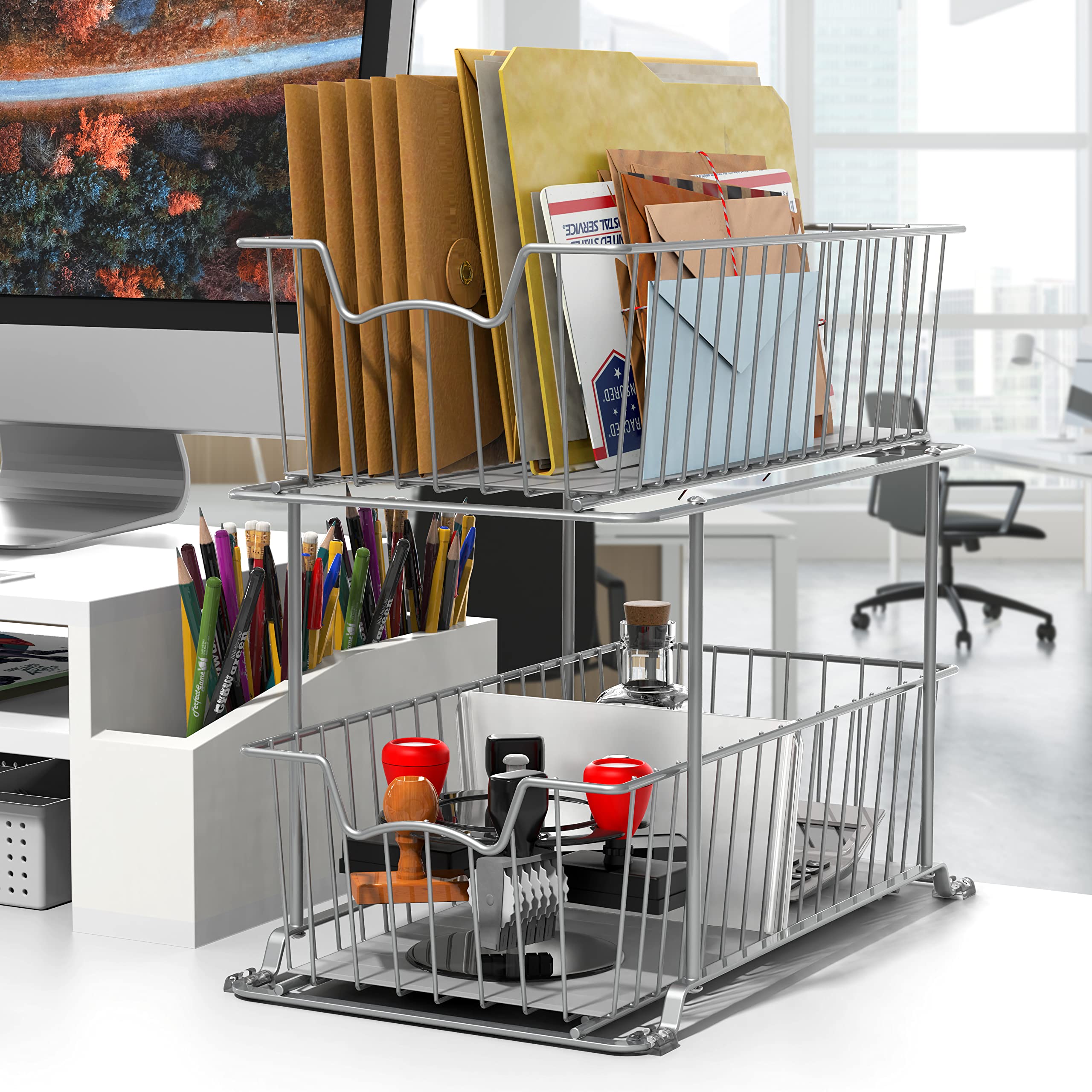 Simple Houseware 2 Tier Cabinet Wire Basket Drawer Organizer, Grey