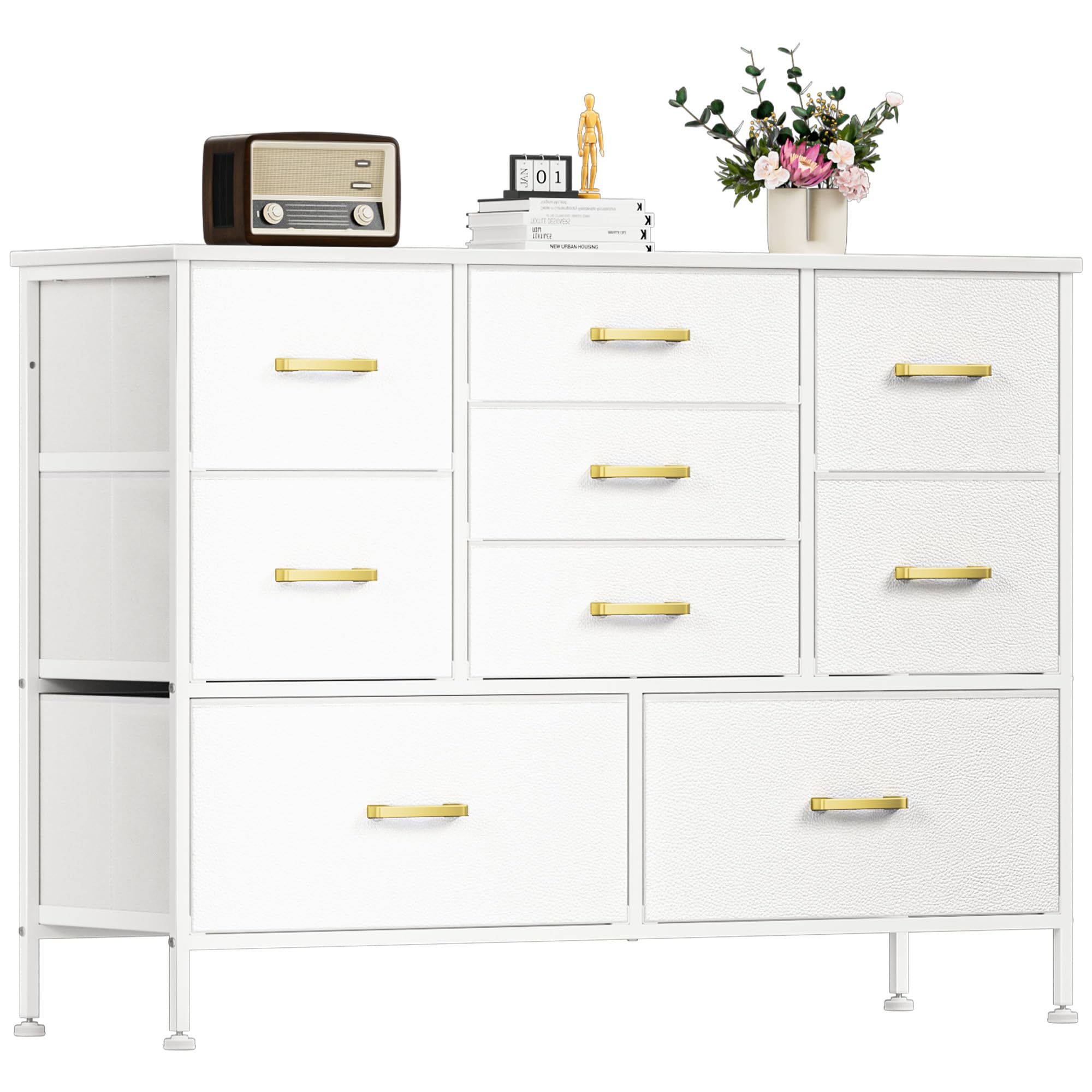 YILQQPER Dresser for Bedroom with 9 Drawers, Dresser TV Stand for 50" TV, Wide Bedroom Dresser Storage Organizers, Fabric Chest of Drawers, Dresser for Living Room, Closet, White