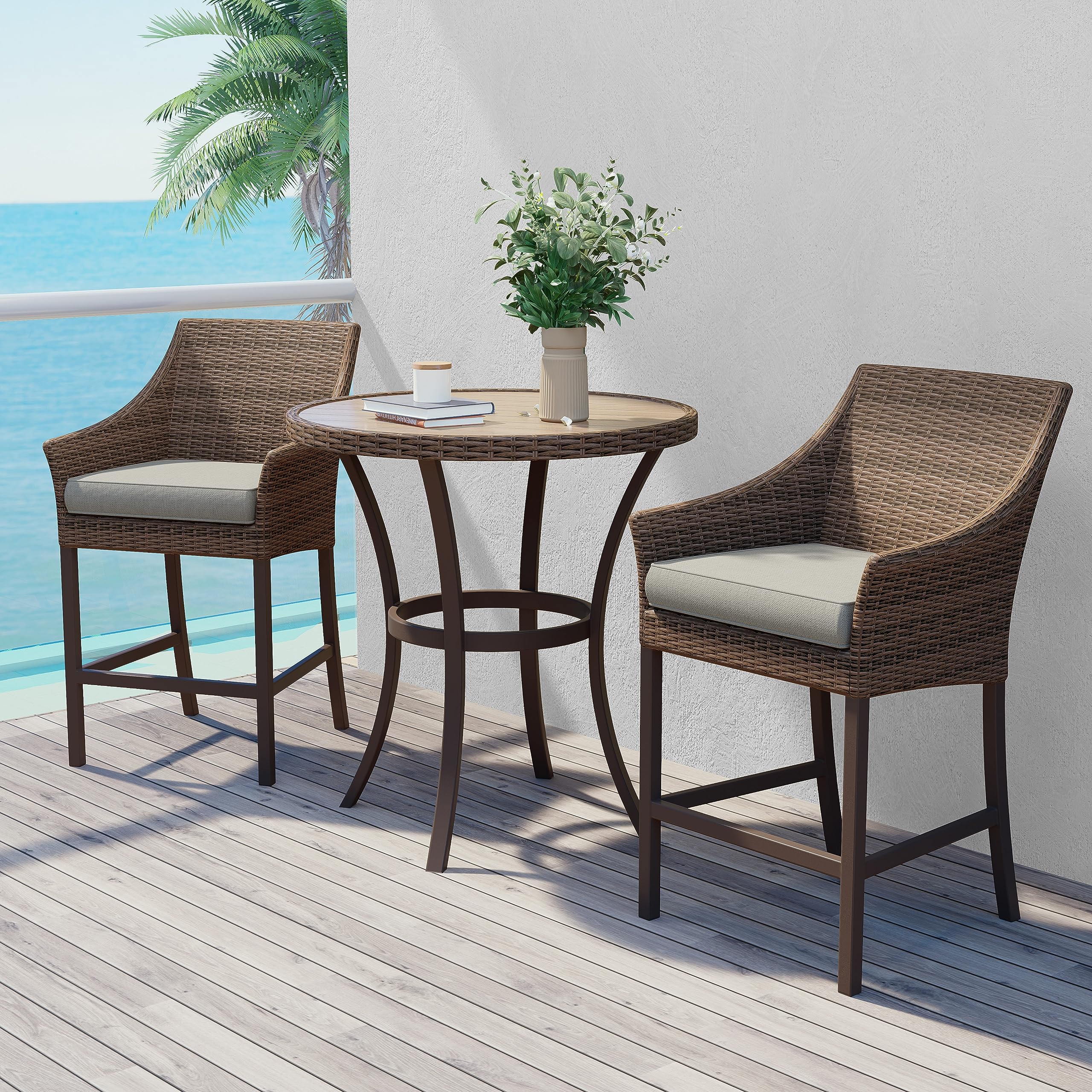 Grand patio 3-Piece Patio Bar Set, Outdoor Wicker Bar Stools Set with Olefin Cushions and Faux-Wood Table Top,Bar Table and Chairs Set for Garden,Backyard,Traditional American Style-Brown
