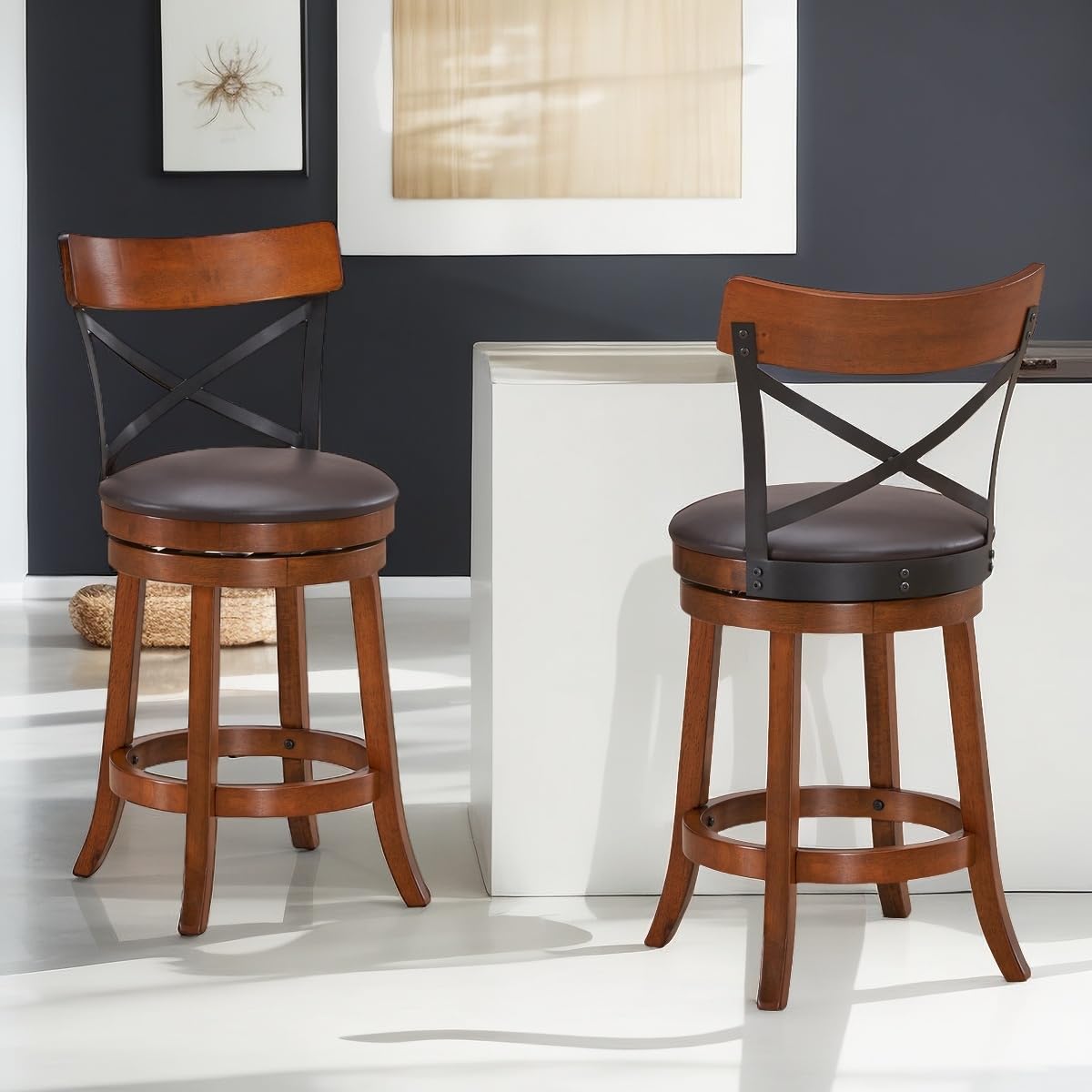 ERGOMASTER Swivel Counter Height Barstool 24 Inch Seat Height Bar Chair Cappuccino X Open Back （ 24 Inches,Set of 4）