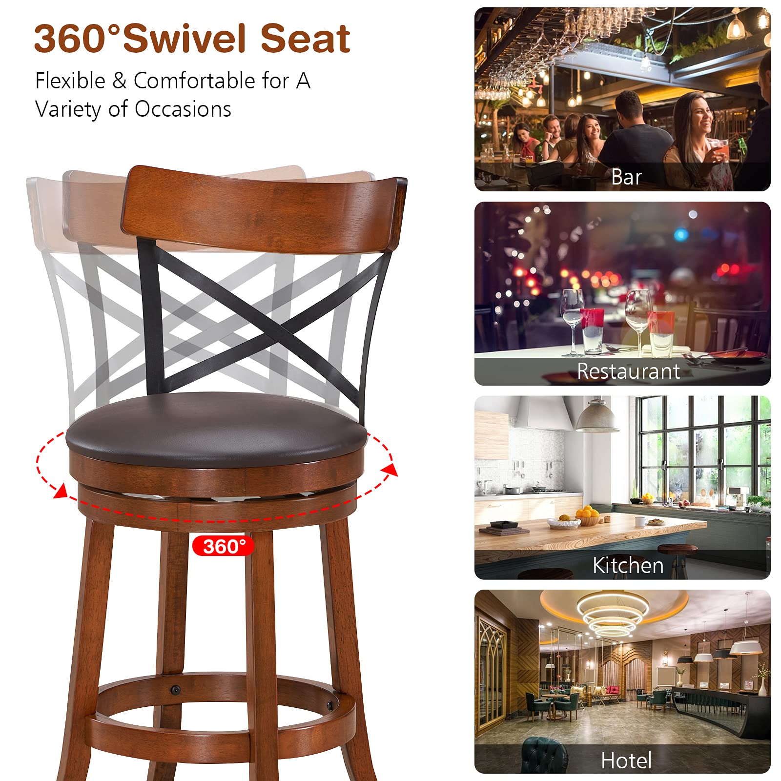 ERGOMASTER Swivel Counter Height Barstool 24 Inch Seat Height Bar Chair Cappuccino X Open Back （ 24 Inches,Set of 4）