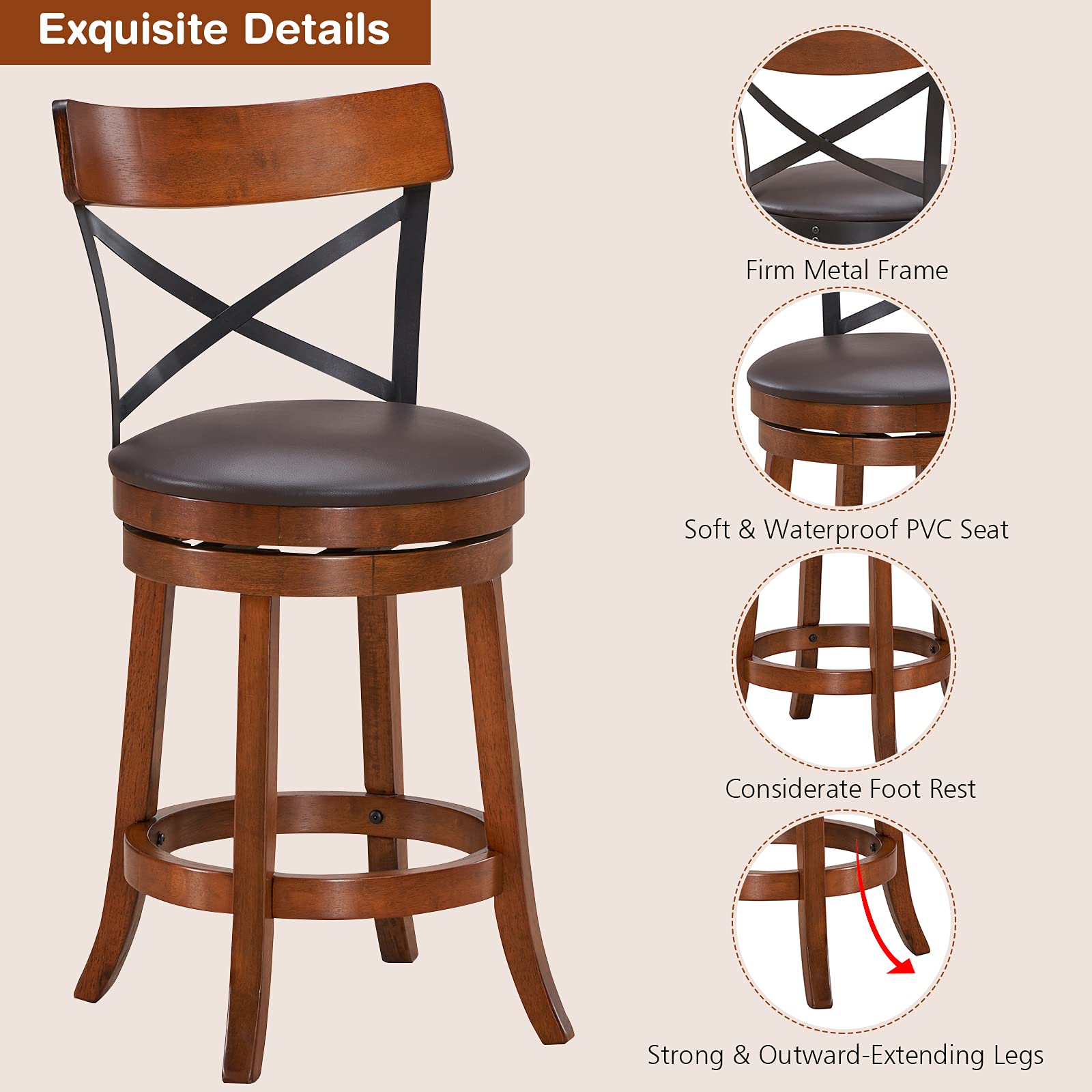 ERGOMASTER Swivel Counter Height Barstool 24 Inch Seat Height Bar Chair Cappuccino X Open Back （ 24 Inches,Set of 4）