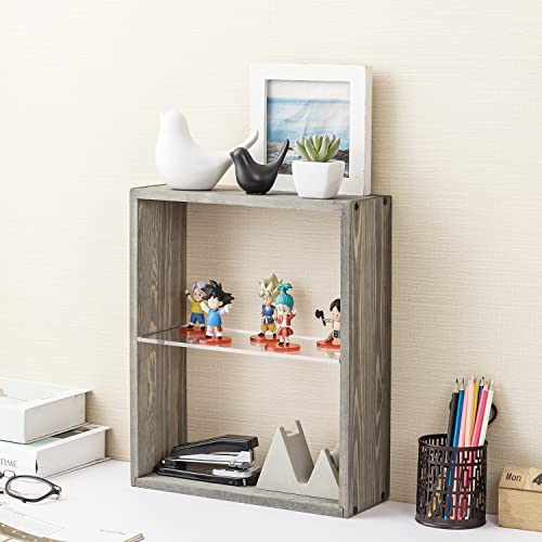 MyGift Wall Mounted Vintage Gray Solid Wood Shelf Rack with Clear Acrylic Shelving, Tabletop Memorabilia and Collectible Storage Shelf