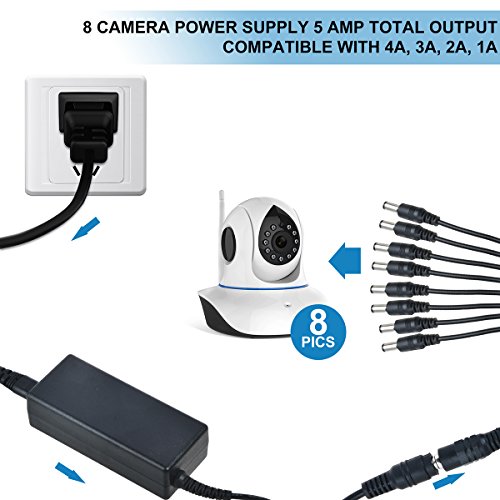 ABLEGRID Charger Compatible with Swann Lorex Q-See Security Camera 12V 5A 60W 2-Prong Plug AC to DC 2.5x5.5mm w/8-Way Power Splitter Cable Power Supply for CCTV Security Camera DVR, LED Strip Lights