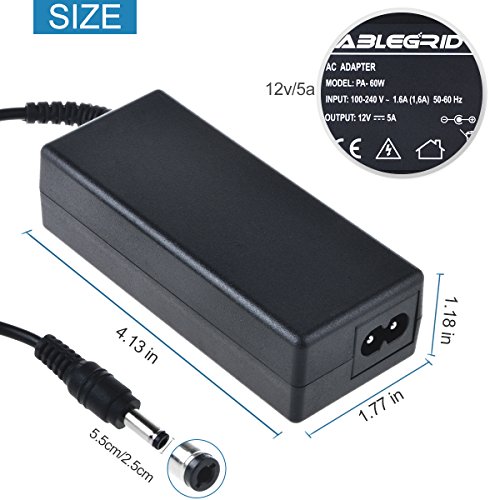 ABLEGRID Charger Compatible with Swann Lorex Q-See Security Camera 12V 5A 60W 2-Prong Plug AC to DC 2.5x5.5mm w/8-Way Power Splitter Cable Power Supply for CCTV Security Camera DVR, LED Strip Lights