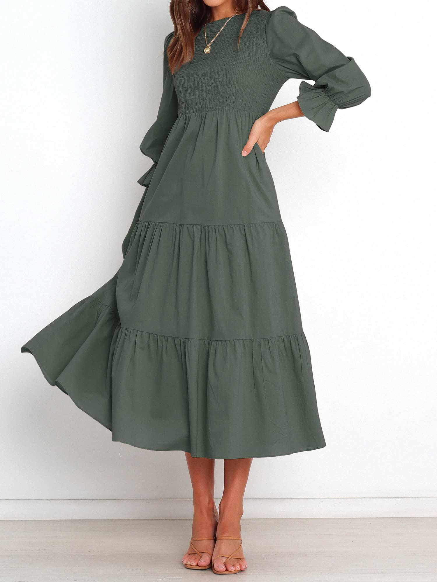 BTFBM Women Casual Long Sleeve Dress Fall Dresses 2025 Solid Color Relaxed Fit Smocked Tiered Flowy Boho Long Dresses(Solid Army Green,Large)