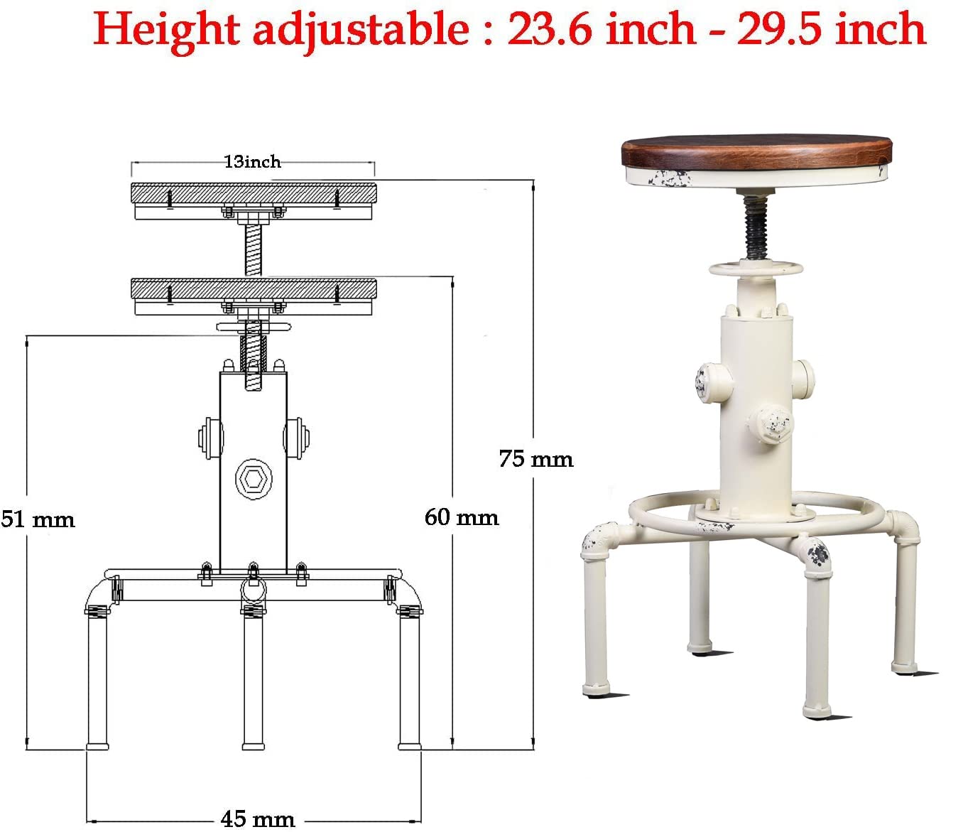 Topower Antique Vintage Industrial Barstool Solid Wood Water Pipe Fire Hydrant Design Cafe Coffee Industrial Bar Stool Set of 2 Antique White