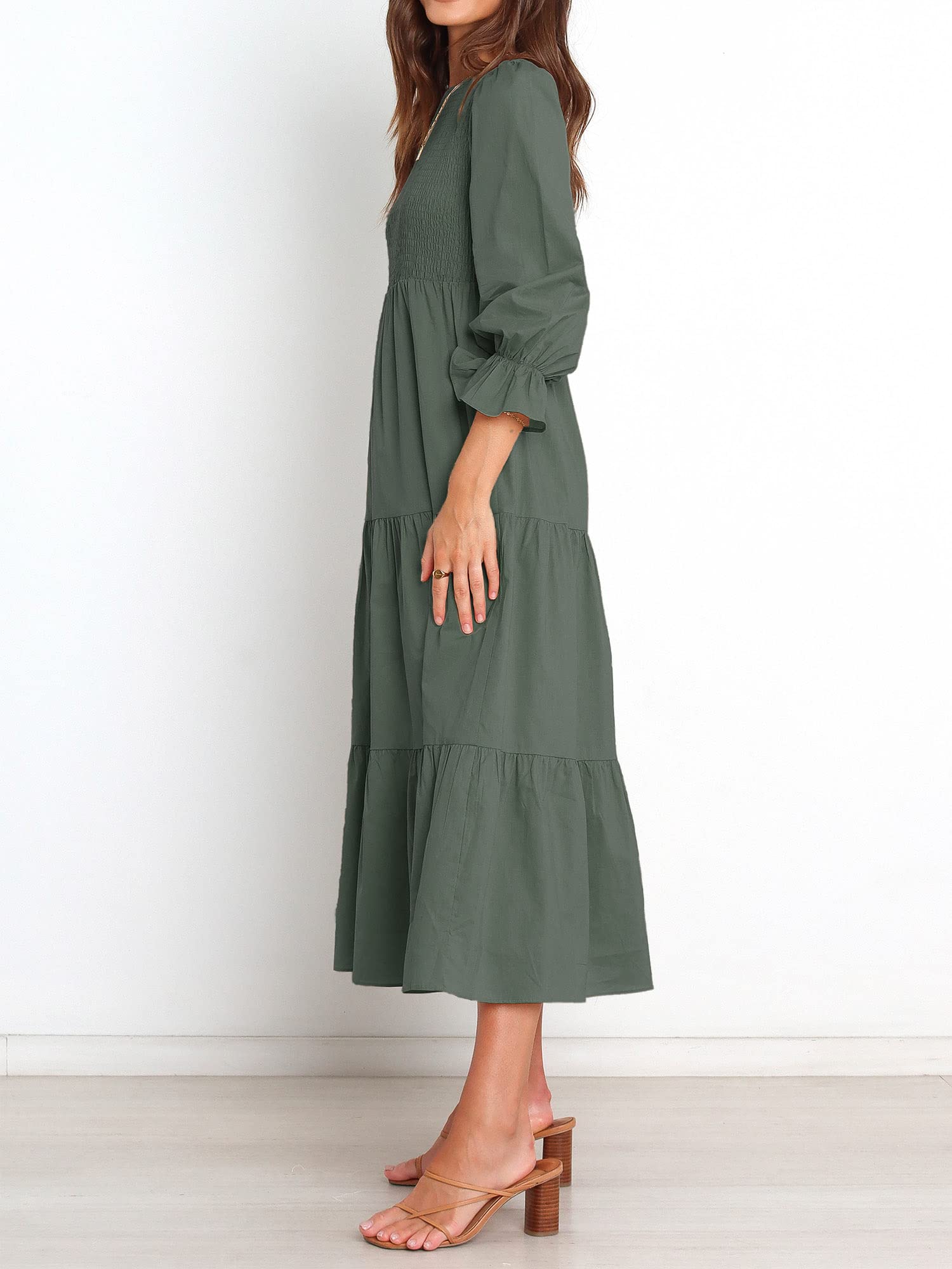 BTFBM Women Casual Long Sleeve Dress Fall Dresses 2025 Solid Color Relaxed Fit Smocked Tiered Flowy Boho Long Dresses(Solid Army Green,Large)