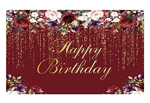 Funnytree 7x5ft Happy Birthday Party Backdrop Burgundy Red Flowers Golden Glitter Floral Photography Background Women Lady Girl Cake Table Decorations 16th 30th 40th 50th 60th Banner Photo Booth