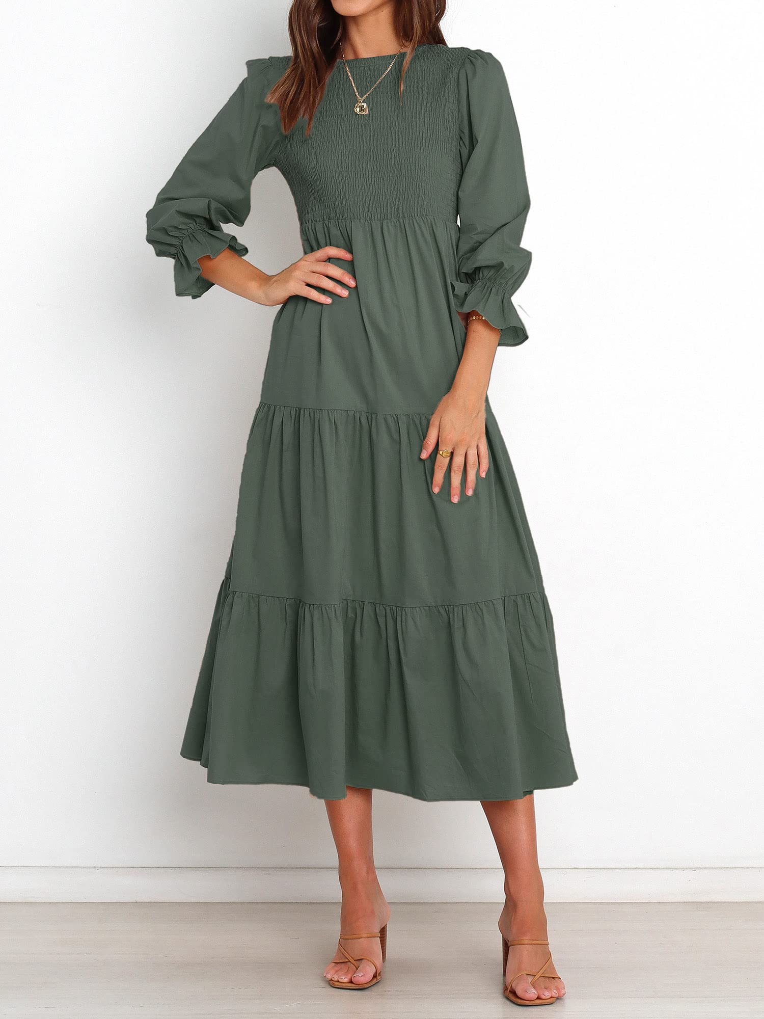 BTFBM Women Casual Long Sleeve Dress Fall Dresses 2025 Solid Color Relaxed Fit Smocked Tiered Flowy Boho Long Dresses(Solid Army Green,Large)