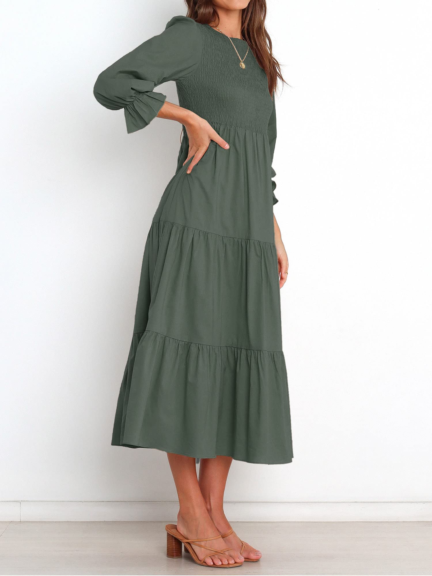 BTFBM Women Casual Long Sleeve Dress Fall Dresses 2025 Solid Color Relaxed Fit Smocked Tiered Flowy Boho Long Dresses(Solid Army Green,Large)