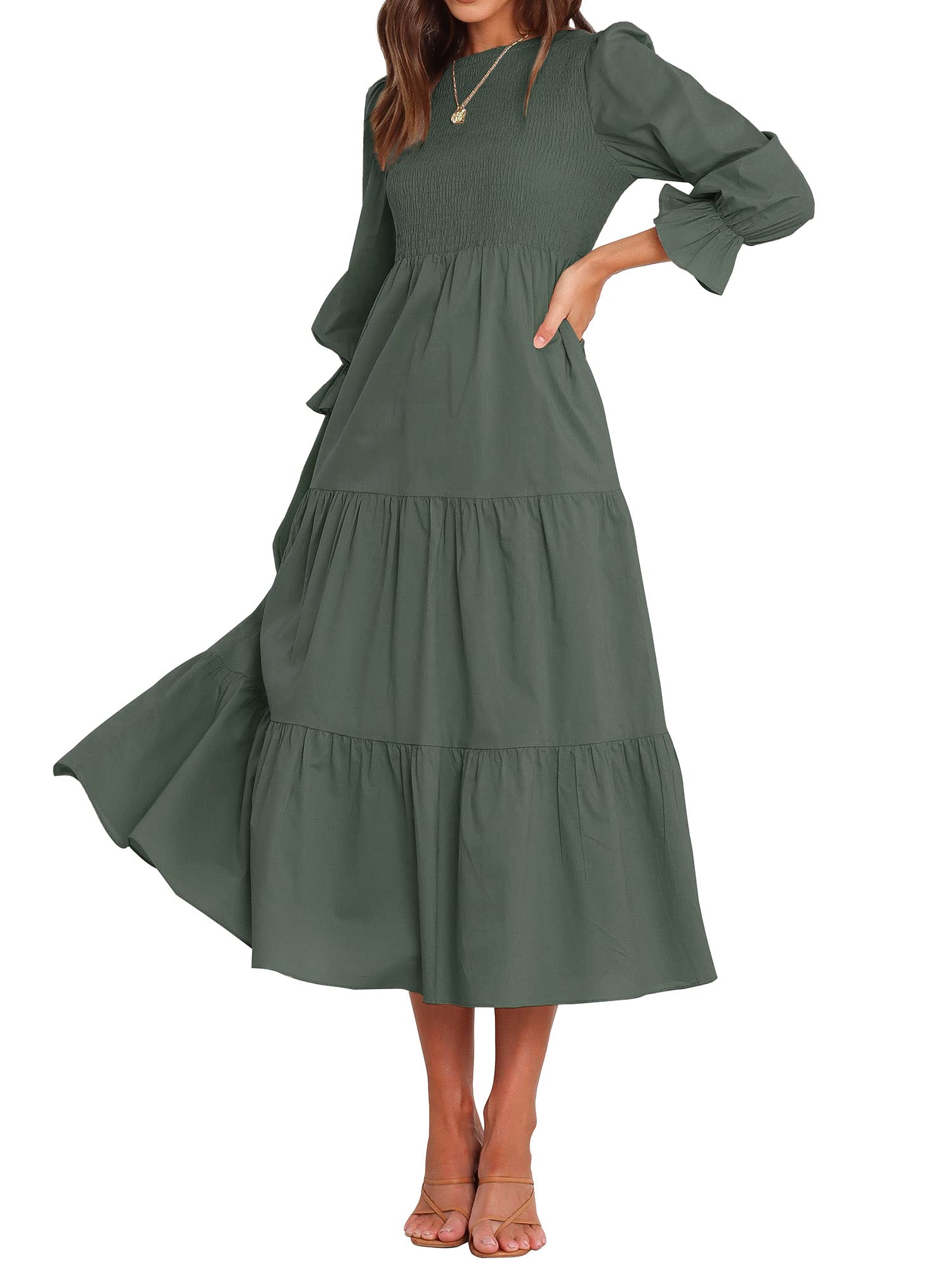 BTFBM Women Casual Long Sleeve Dress Fall Dresses 2025 Solid Color Relaxed Fit Smocked Tiered Flowy Boho Long Dresses(Solid Army Green,Large)
