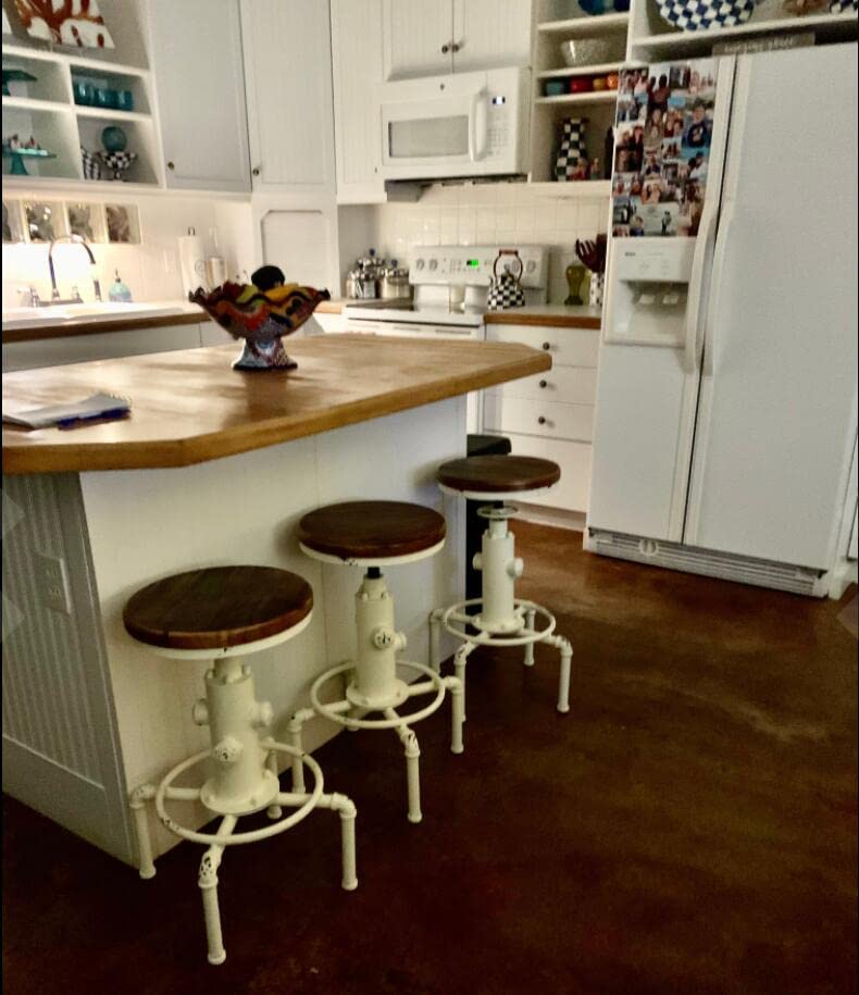 Topower Antique Vintage Industrial Barstool Solid Wood Water Pipe Fire Hydrant Design Cafe Coffee Industrial Bar Stool Set of 2 Antique White