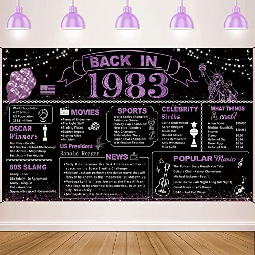 DARUNAXY Purple 40th Birthday Party Decorations, Back in 1983 Banner Cheer to 40 Years Old Birthday Photography Background Vintage 1983 Poster Backdrop for Girls 40th Class Reunion Party Supplies