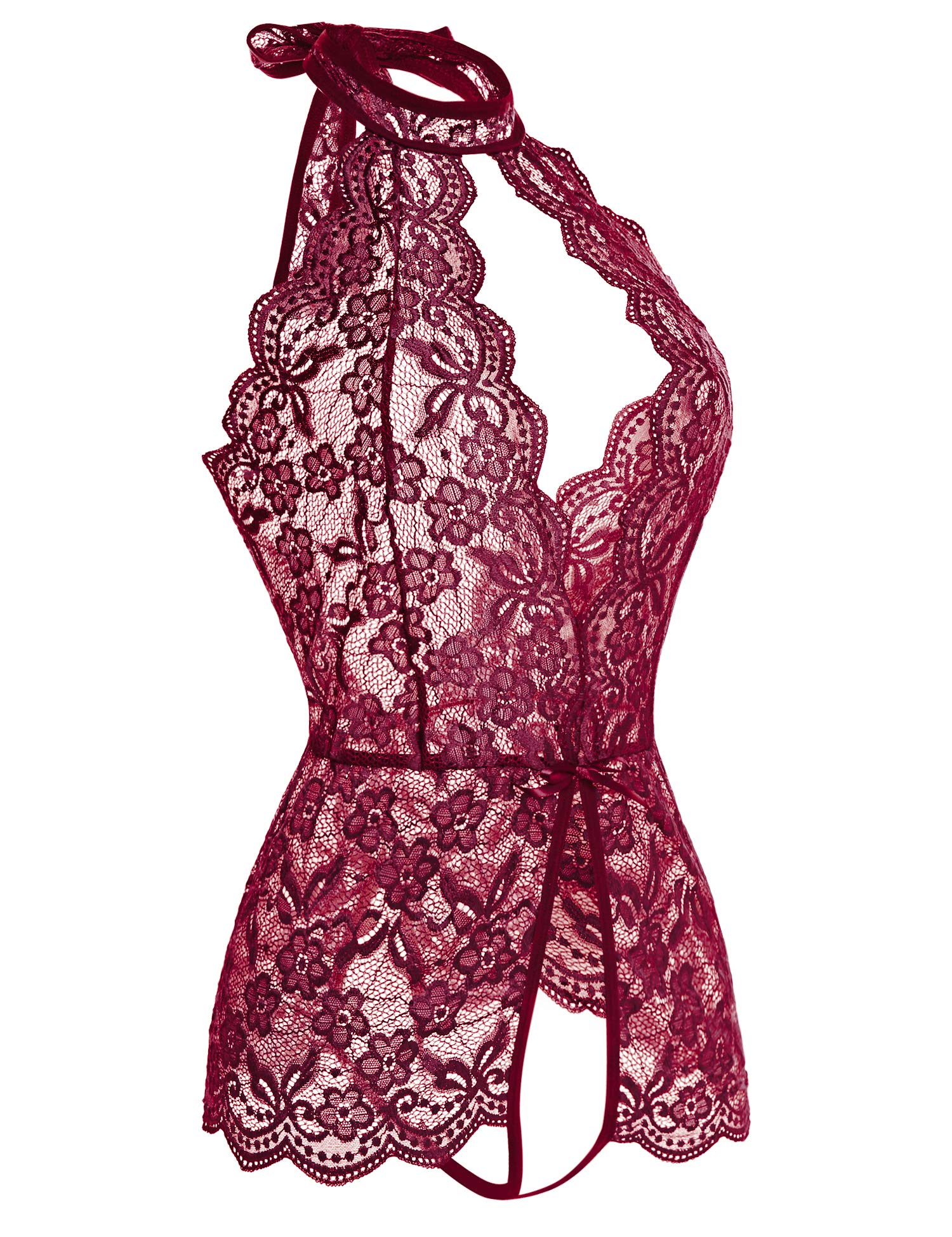 Ababoon Women One Piece Lingerie Lace Sexy Baby Dolls Teddy Sleepwear (Wine Red, M)