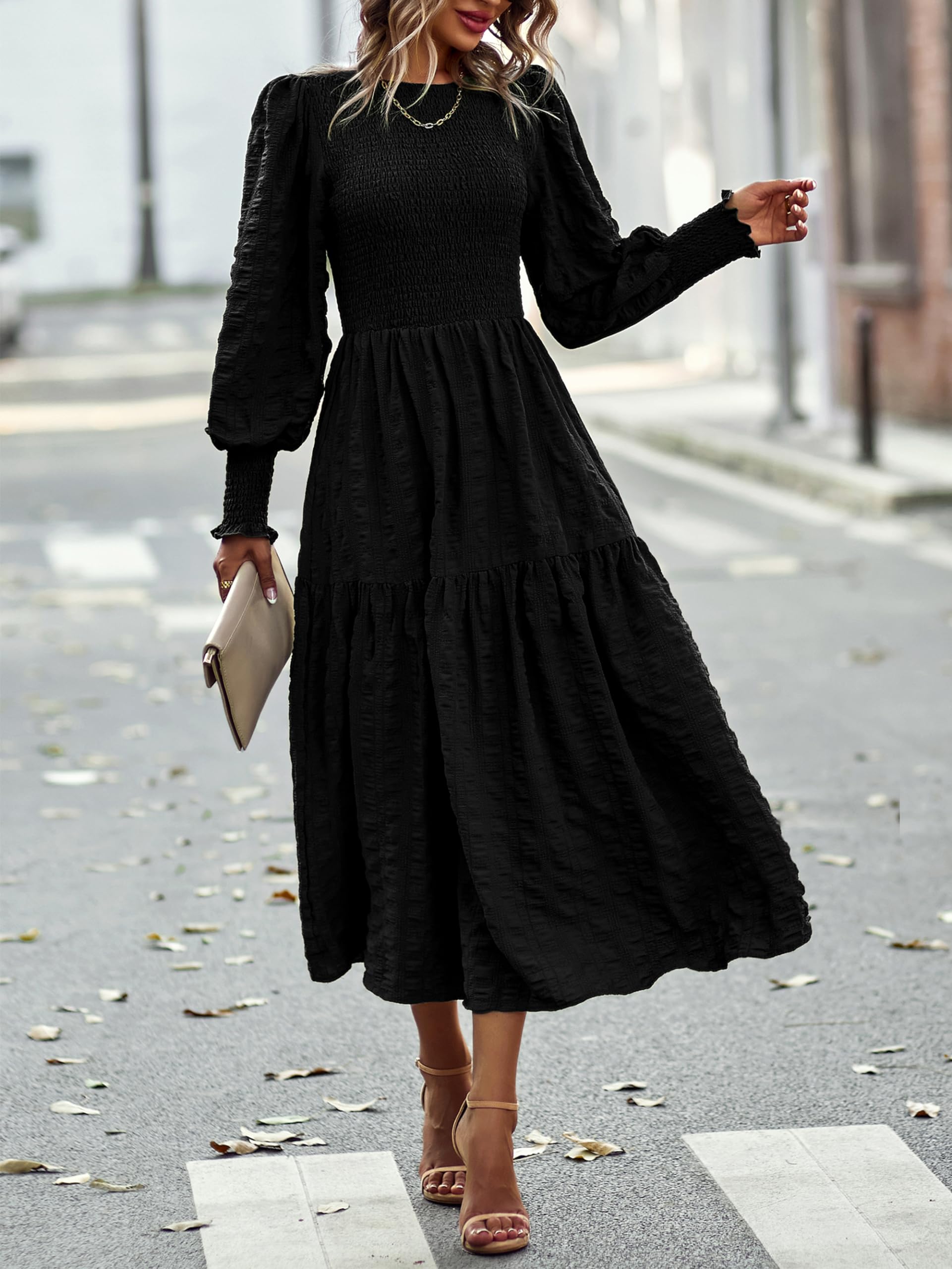 PRETTYGARDEN Women 2024 Puff Long Sleeve Crewneck Smocked Maxi Dress Solid Empire Waist Tiered A-line Swing Flowy Long Dress(Black,Medium)