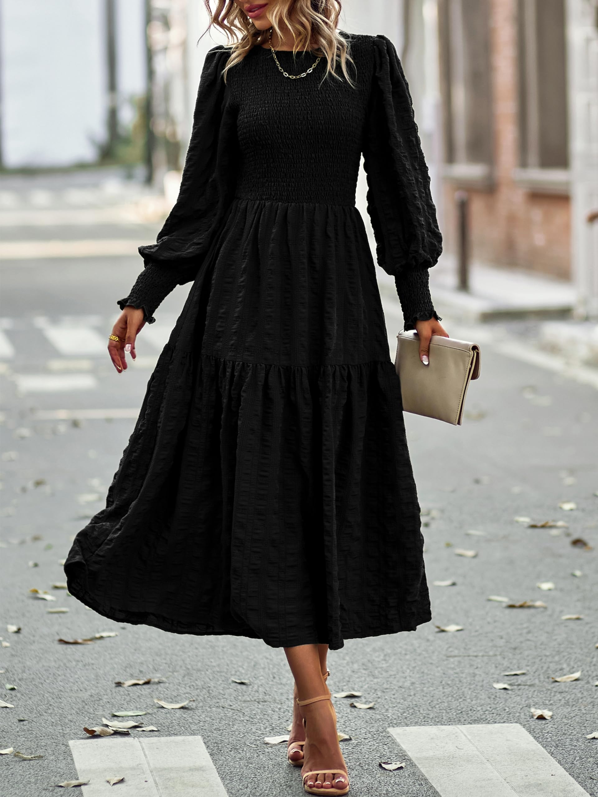 PRETTYGARDEN Women 2024 Puff Long Sleeve Crewneck Smocked Maxi Dress Solid Empire Waist Tiered A-line Swing Flowy Long Dress(Black,Medium)