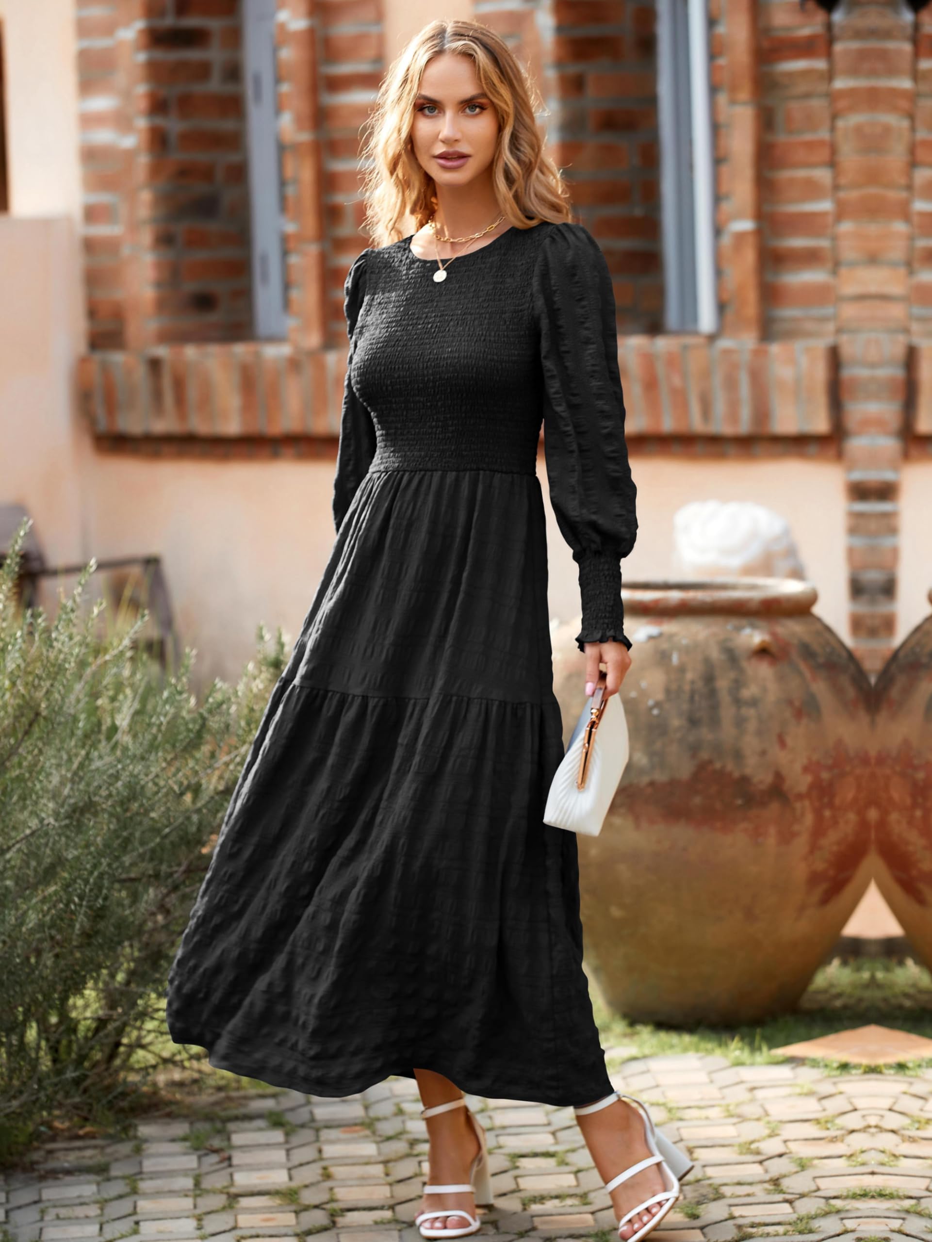 PRETTYGARDEN Women 2024 Puff Long Sleeve Crewneck Smocked Maxi Dress Solid Empire Waist Tiered A-line Swing Flowy Long Dress(Black,Medium)