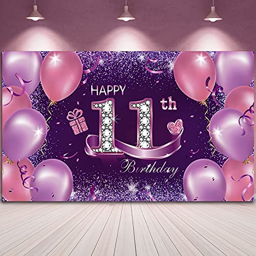 Happy Birthday Party Decorations, Large Fabric Happy 11th Anniversary Birthday Backdrop Photo Booth Background with Rope for Girls Birthday Party Favor Banner, 72.8 x 43.3 Inch, Pink Purple