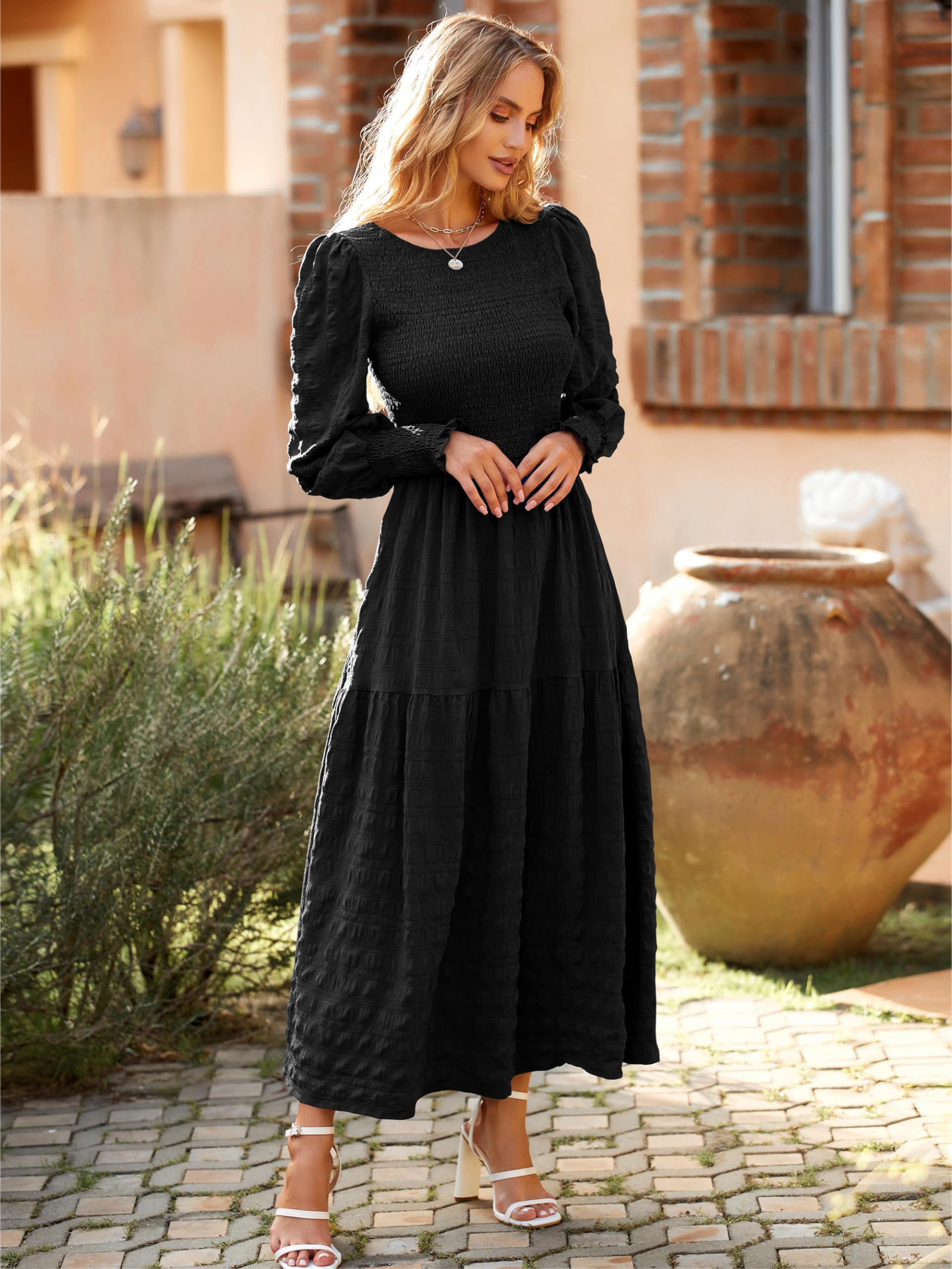 PRETTYGARDEN Women 2024 Puff Long Sleeve Crewneck Smocked Maxi Dress Solid Empire Waist Tiered A-line Swing Flowy Long Dress(Black,Medium)