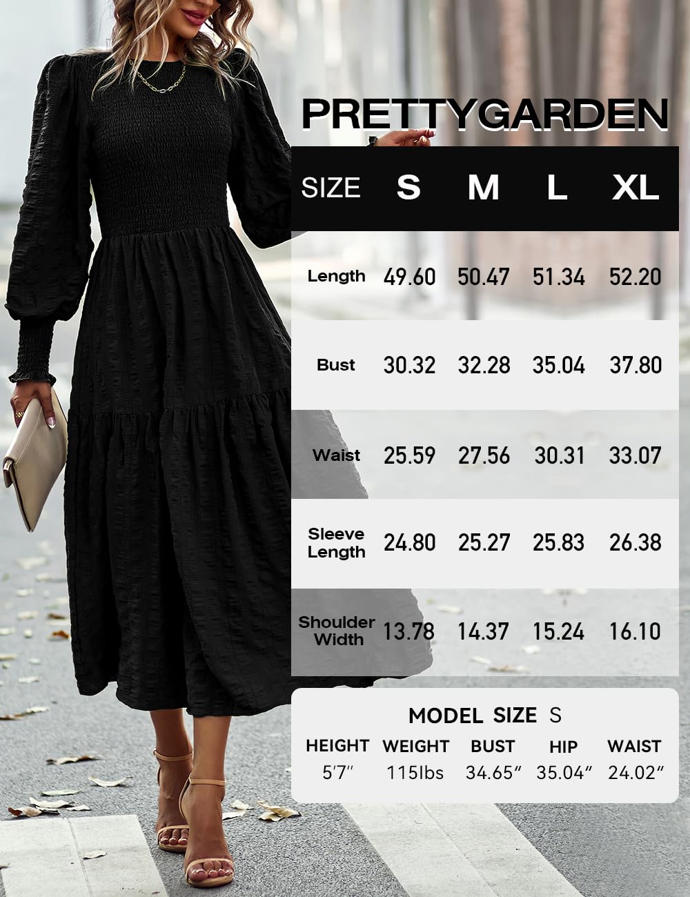 PRETTYGARDEN Women 2024 Puff Long Sleeve Crewneck Smocked Maxi Dress Solid Empire Waist Tiered A-line Swing Flowy Long Dress(Black,Medium)