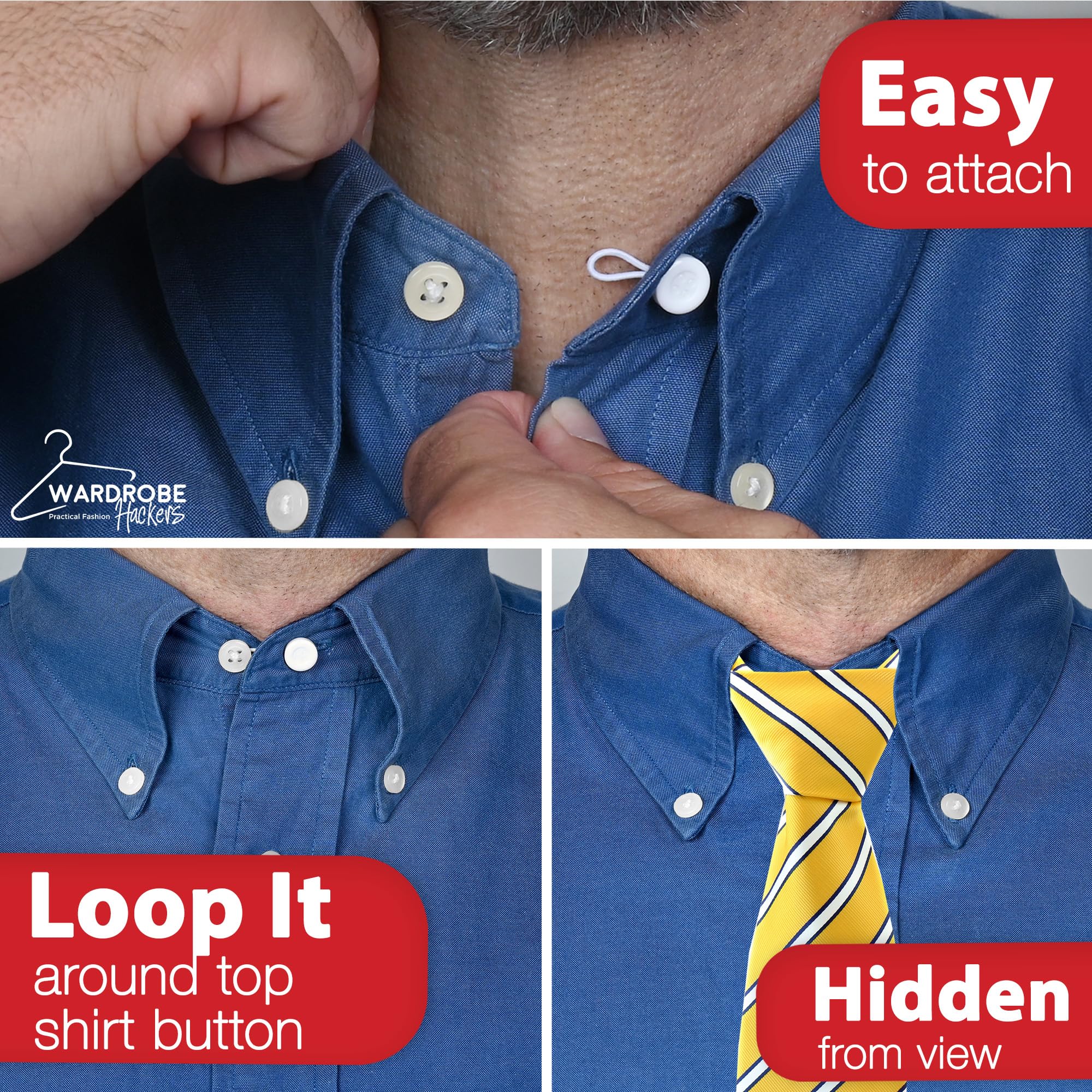 Wardrobe Hackers Collar Extenders for Mens Shirts (Soft Elastic Design 3-Pack) Neck Relief for Tight Collars for Dress Shirts - White Button Expanders