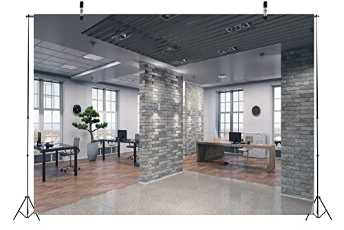 BELECO 7x5ft Fabric Modern Office Backdrop for Video Conference Elegant Business Office Interior Brick Wall Windows Virtual Home Office Photography Background Live Video Zoom Calls Photoshoot Props
