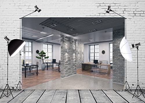 BELECO 7x5ft Fabric Modern Office Backdrop for Video Conference Elegant Business Office Interior Brick Wall Windows Virtual Home Office Photography Background Live Video Zoom Calls Photoshoot Props