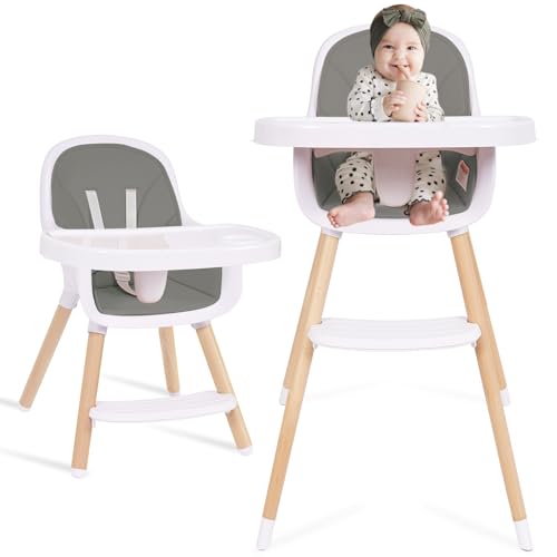 Convertible Baby High Chair, 3-in-1 Wooden Highchair/Toddler Chair with Removable Tray, Feeding & Dining Chair with 5-Point Harness, PU Cushion, Footrest for Babies & Toddlers, Dark Gray