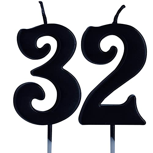 Black 32nd Birthday Candle, Number 32 Years Old Candles Cake Topper, Woman Or Man Party Decorations, Supplies