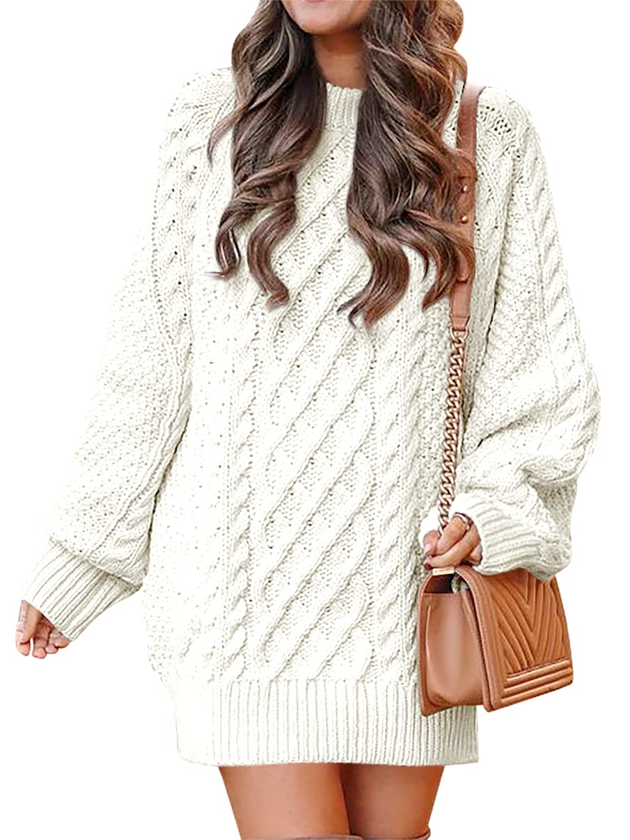 ANRABESS Women Long Sleeve Oversized Cable Knit Chunky Baggy Loose Pullover Tunic Mini Sweater Dress 2025 Trendy Fall Outfits White Medium