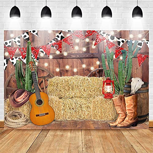 Mocsicka Western Cowboy Photography Backdrop Rustic Wooden Barn Background for Portrait Wild West Birthday Party Cake Table Decoration Banner Photo Booth Props (7x5ft)