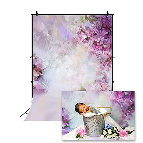 Laeacco Floral Background 5x7ft Oil Painting Watercolor Drawing Wall Flowers Photography Background Light Purple Blooming Spring Cherry Blossoms Abstract Photo Studio Backdrop Bokeh Children Photos